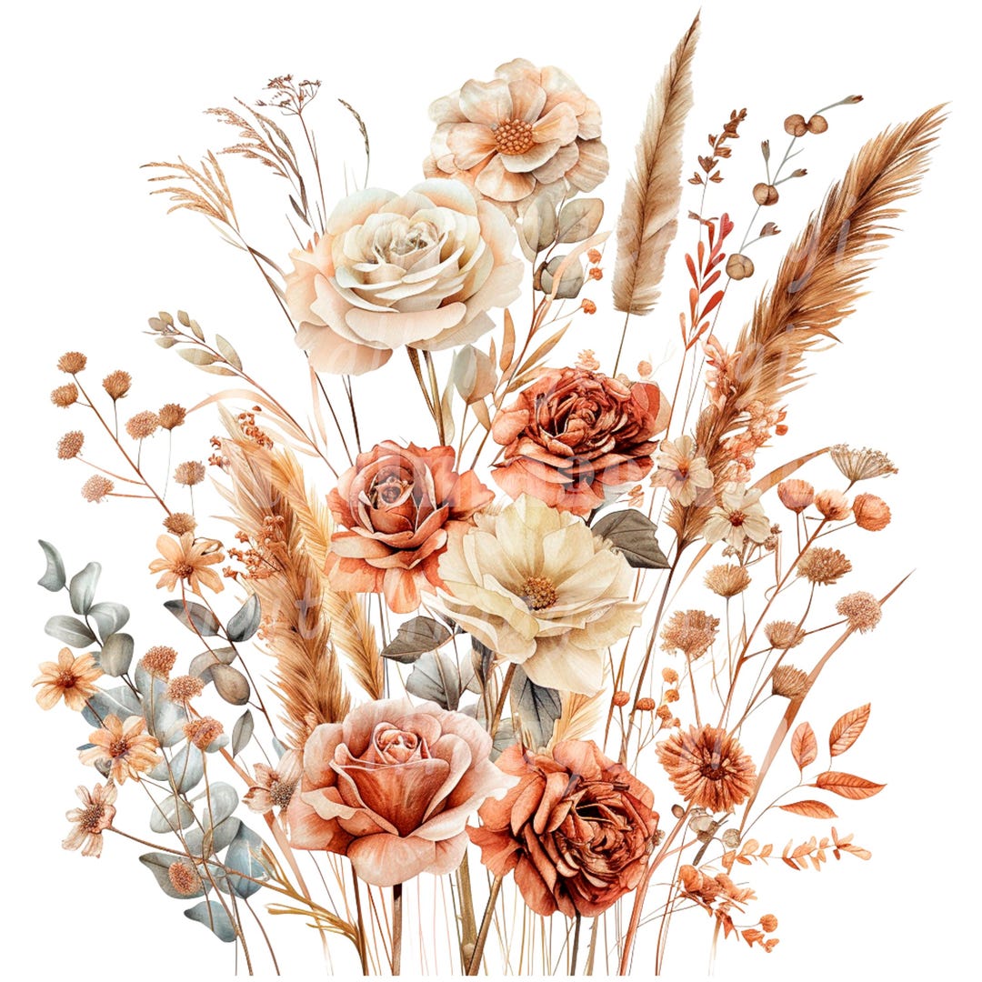24 Boho Flowers Bouquet Clipart, Flowers Stationery, Roses, Printable ...