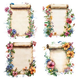 18 Vintage Scroll Clipart, Floral Old Paper, High Quality Png/jpgs, Printable Watercolor Clipart ...