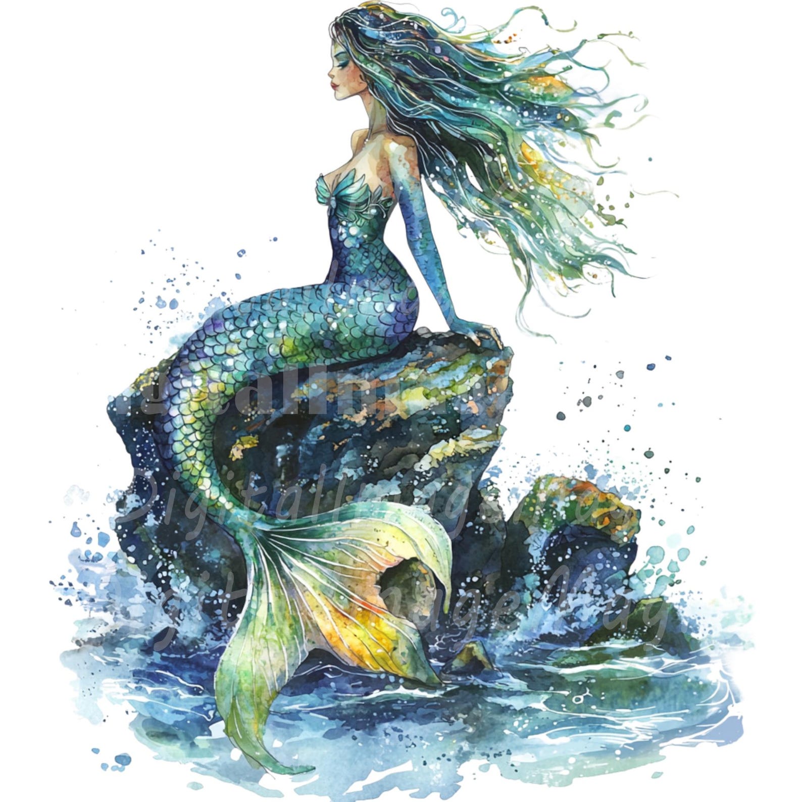 16 Watercolor Mermaid Clipart, Mermaid on Stone, Printable Watercolor ...