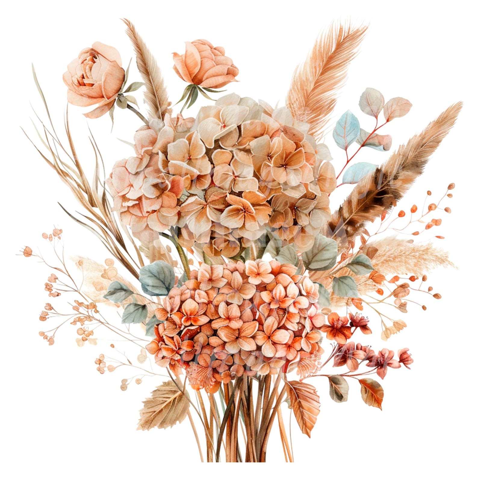 18 Boho Flowers Bouquet Clipart, Flowers Stationery, Hydrangeas ...
