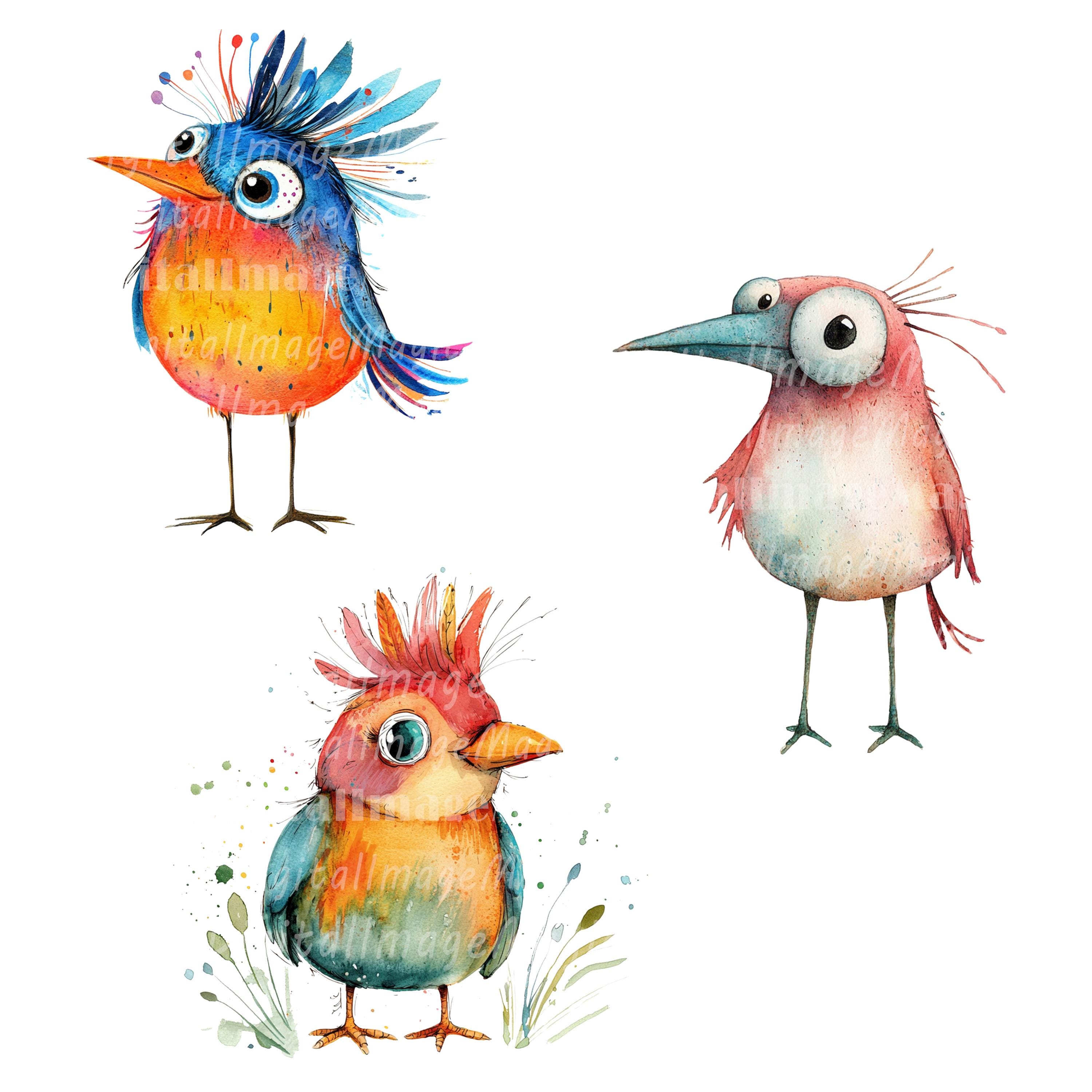 24 Whimsical Watercolor Birds Clipart: Funny PNG Images (digital ...