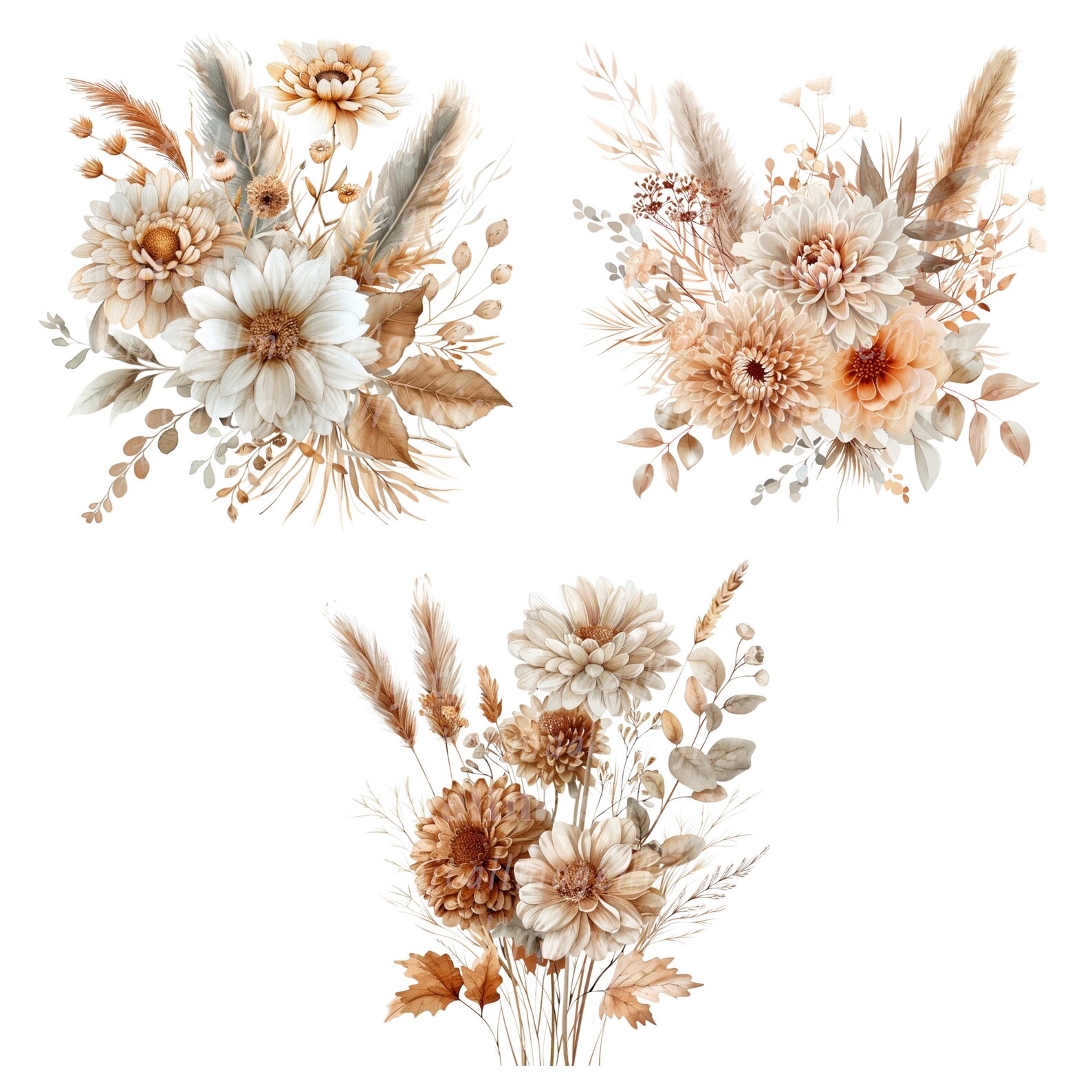 24 Boho Flowers Bouquet Clipart, Flowers Stationery, Chrysanthemums ...