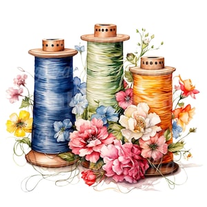 18 Vintage Spools of Thread Clipart, Floral, Printable Watercolor ...