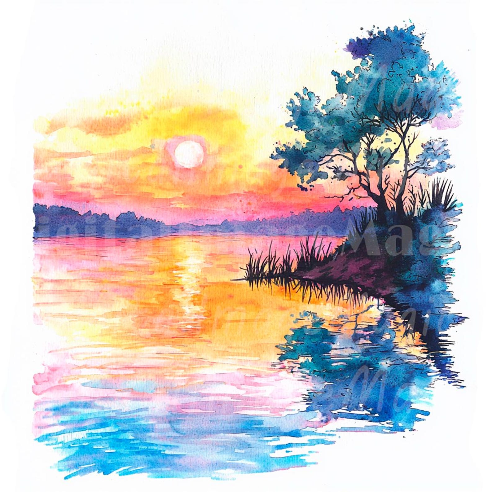 24 Sunset Over Lake Clipart, Lake Sunset Clipart, Printable Watercolor ...