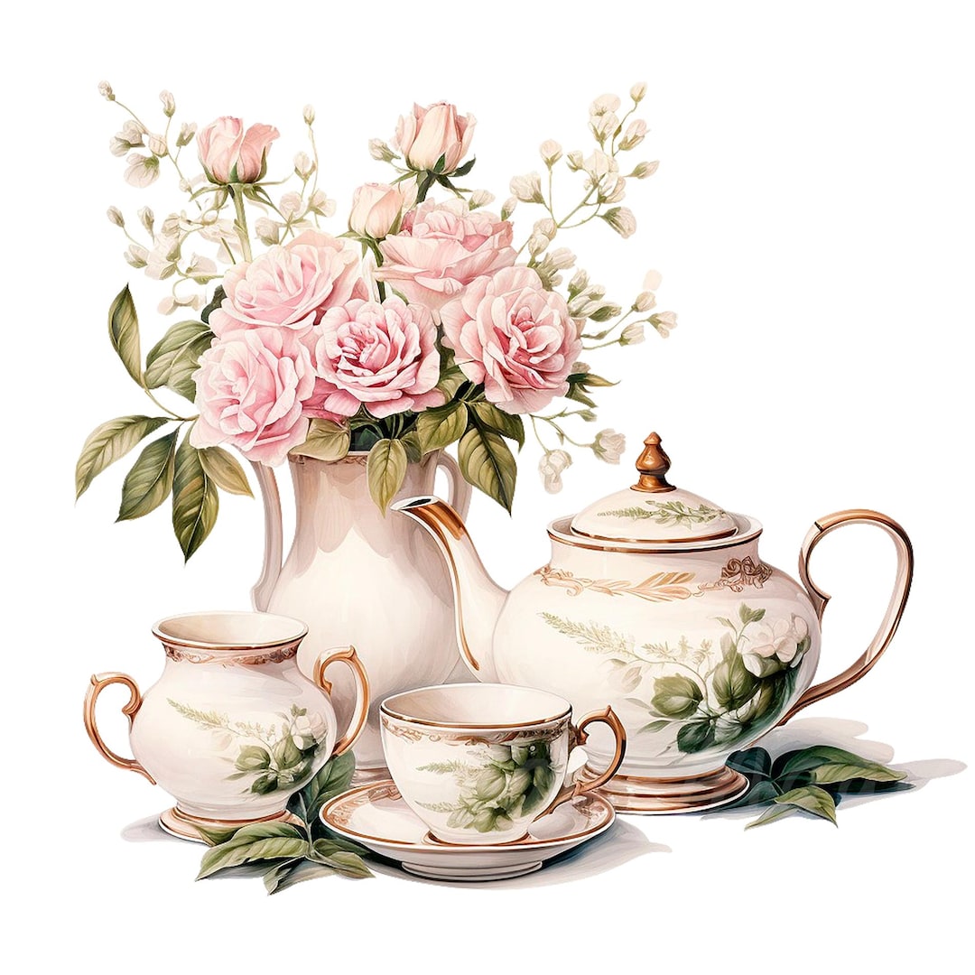 19 Vintage Tea Set Clipart, Floral Tea Set, Printable Watercolor ...