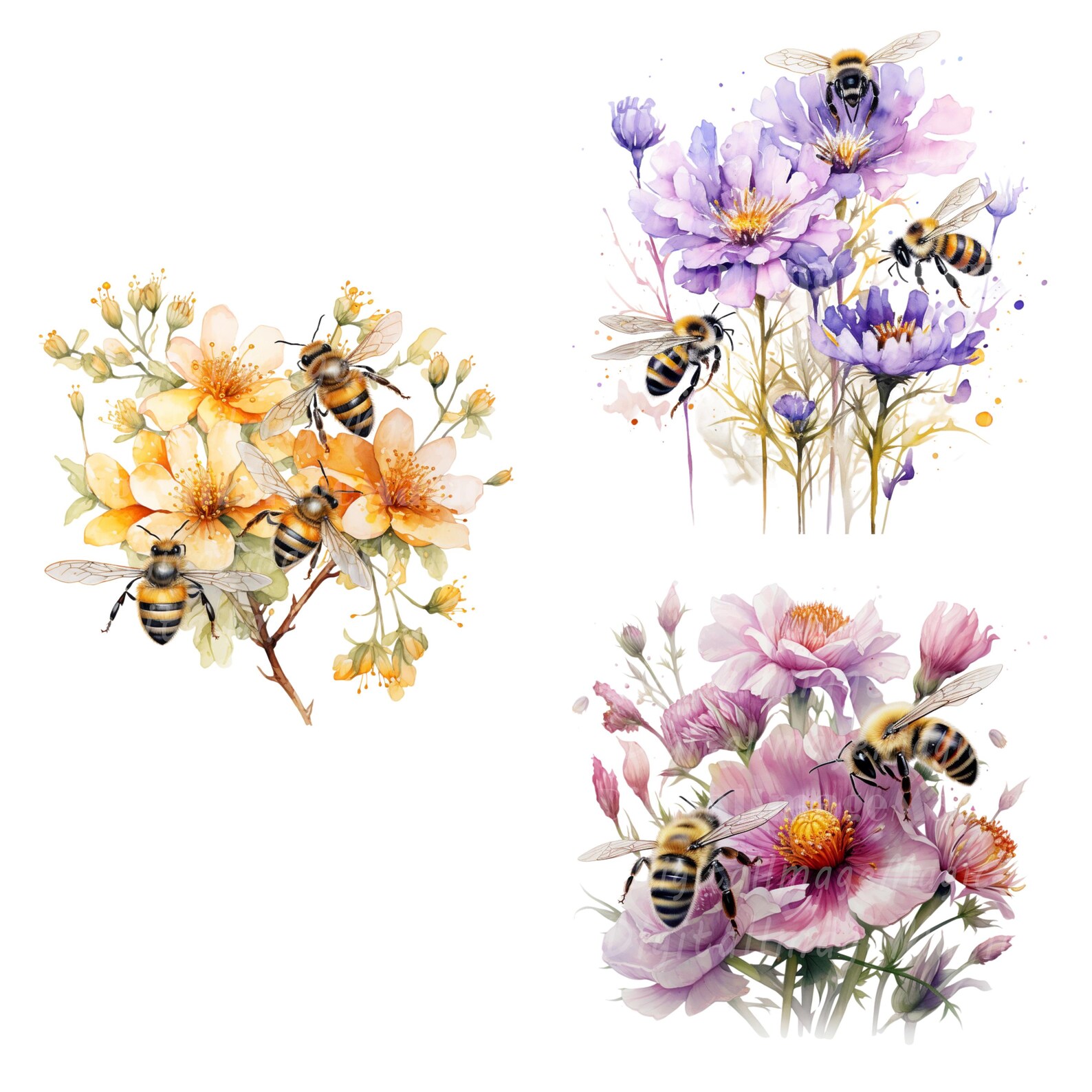 24 Bees in Flowers Clipart, Floral Bees Clipart, Printable Watercolor ...
