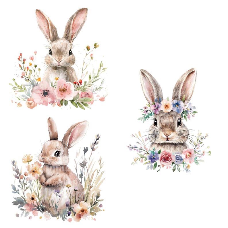 Cute Floral Bunny Clipart, Printable Watercolor Clipart, 24 High ...