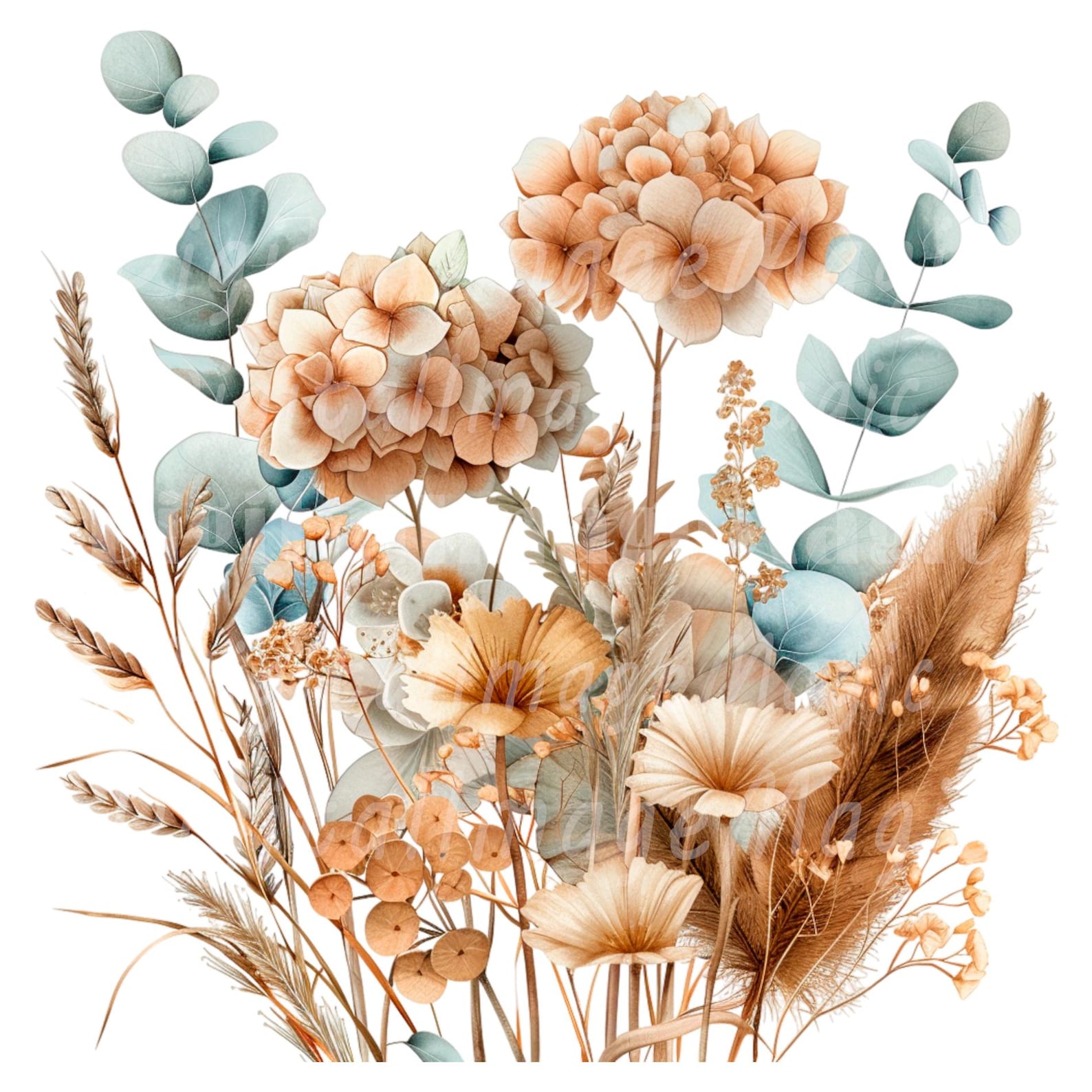 18 Boho Flowers Bouquet Clipart, Flowers Stationery, Hydrangeas ...