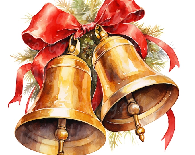 18 Christmas Bell Clipart Set, Printable Watercolor Golden Bell Clipart ...