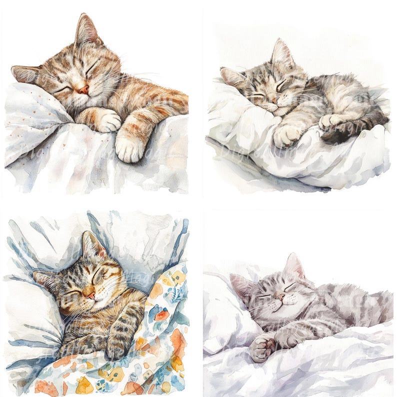 24 Sleeping Cat Clipart, Cozy Cat Clipart, Printable Watercolor Clipart ...