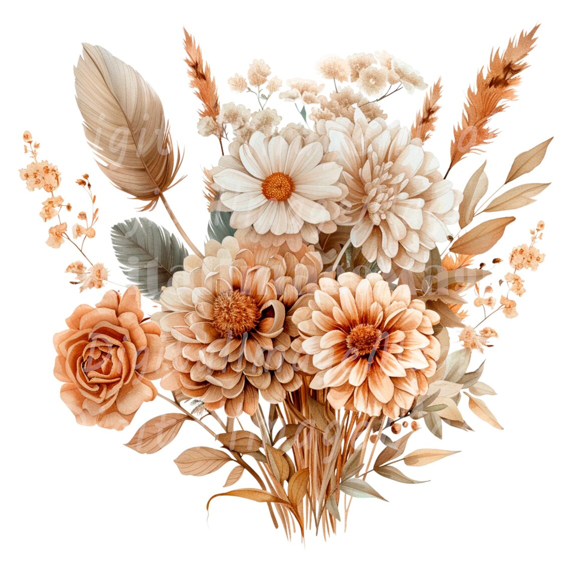 24 Boho Flowers Bouquet Clipart, Flowers Stationery, Chrysanthemums ...