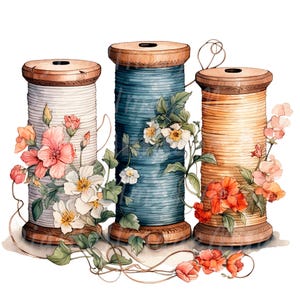 18 Vintage Spools of Thread Clipart, Floral, Printable Watercolor ...
