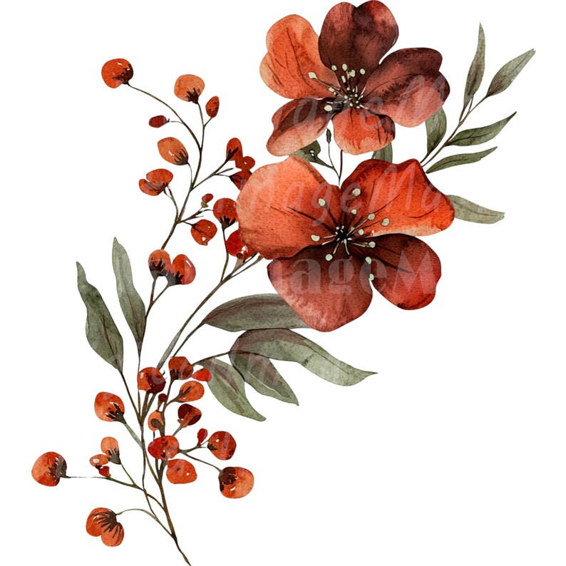 18 Flowers Bouquet Clipart, Flowers Rust, Printable Watercolor Clipart ...