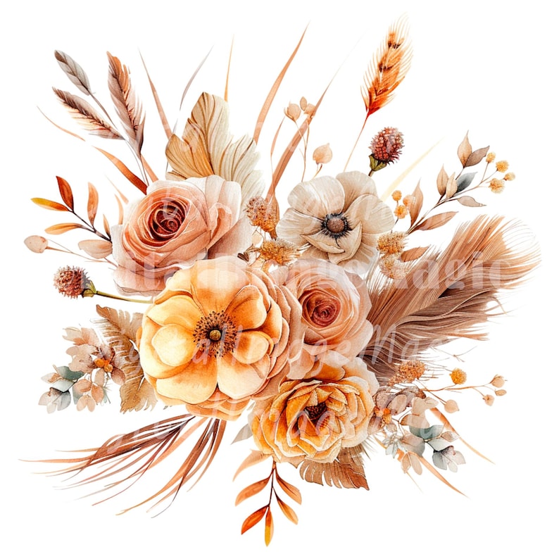 18 Boho Flowers Bouquet Clipart, Flowers Stationery, Roses, Printable ...