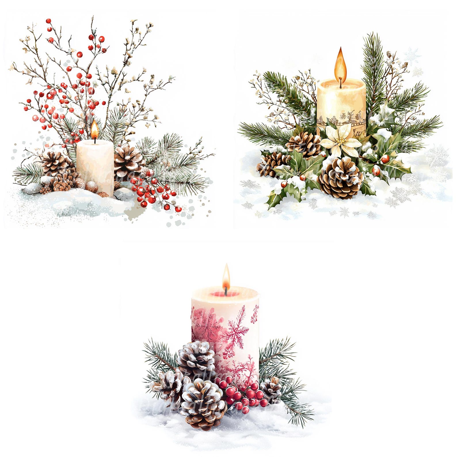 24 Christmas Candle Clipart, Candle Clipart, Printable Watercolor ...