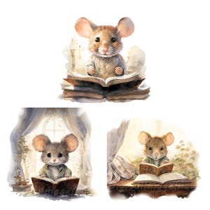 18 Mouse Reading Book Clipart, Mouse Bedroom, Printable Watercolor ...