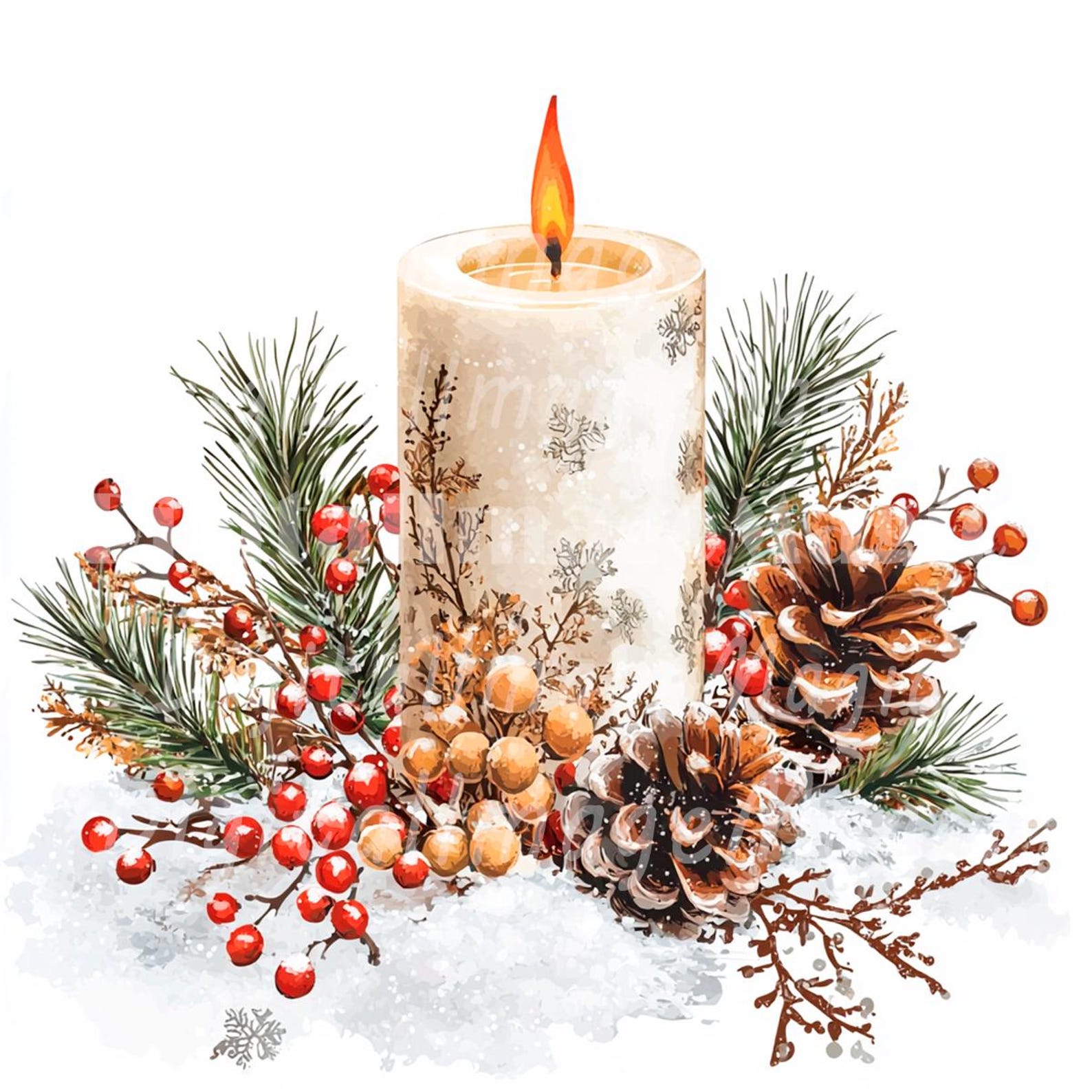 24 Christmas Candle Clipart, Candle Clipart, Printable Watercolor ...