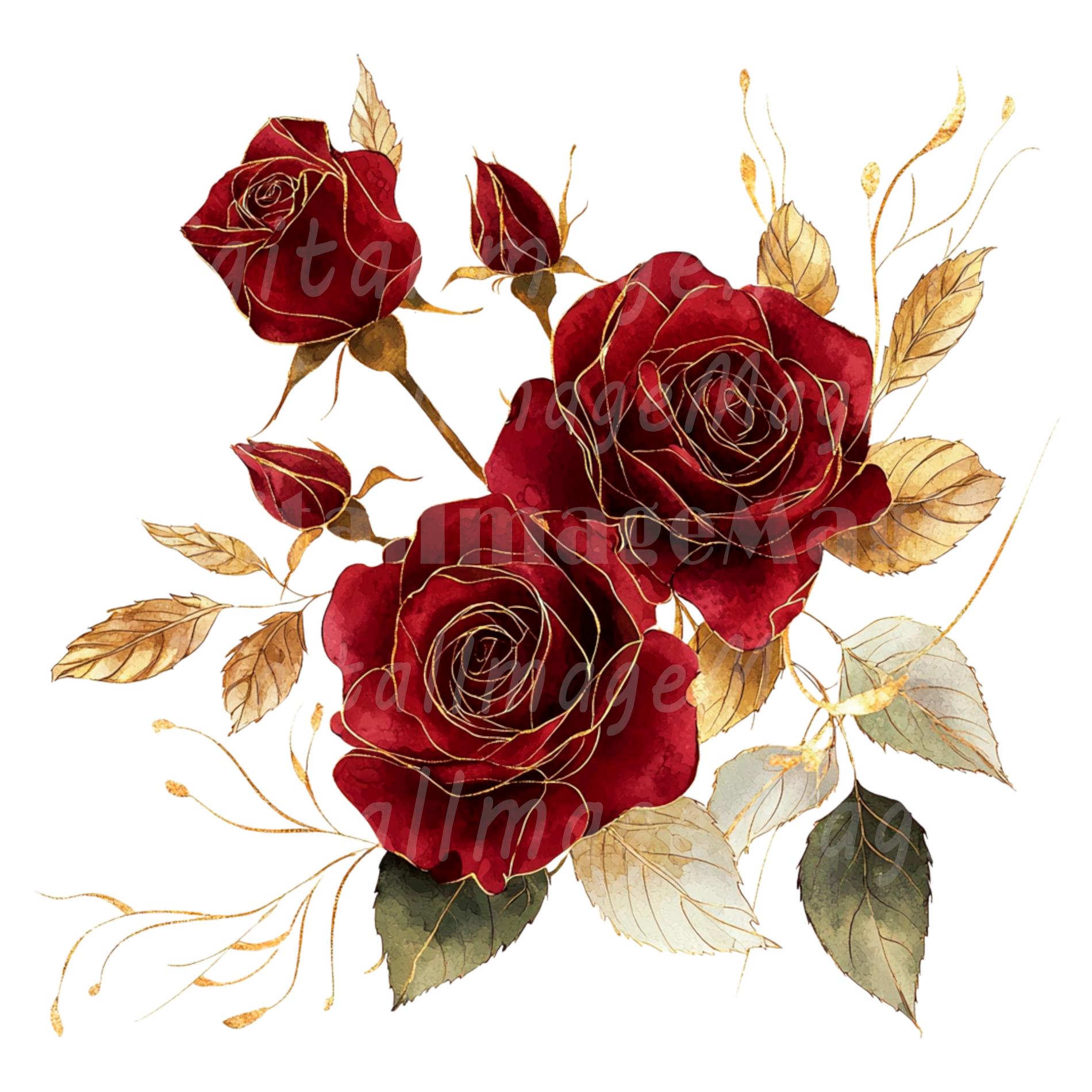 16 Red Gold Rose Clipart, Red Rose Stem, Printable Watercolor Clipart ...