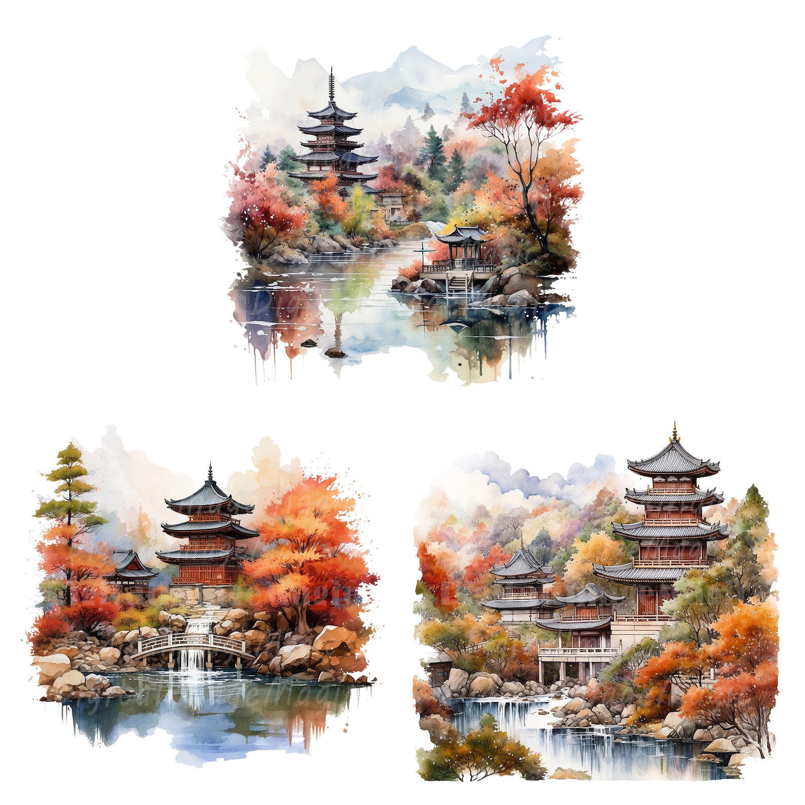 18 Japanese Temple Landscape Clipart, Printable Watercolor Clipart ...