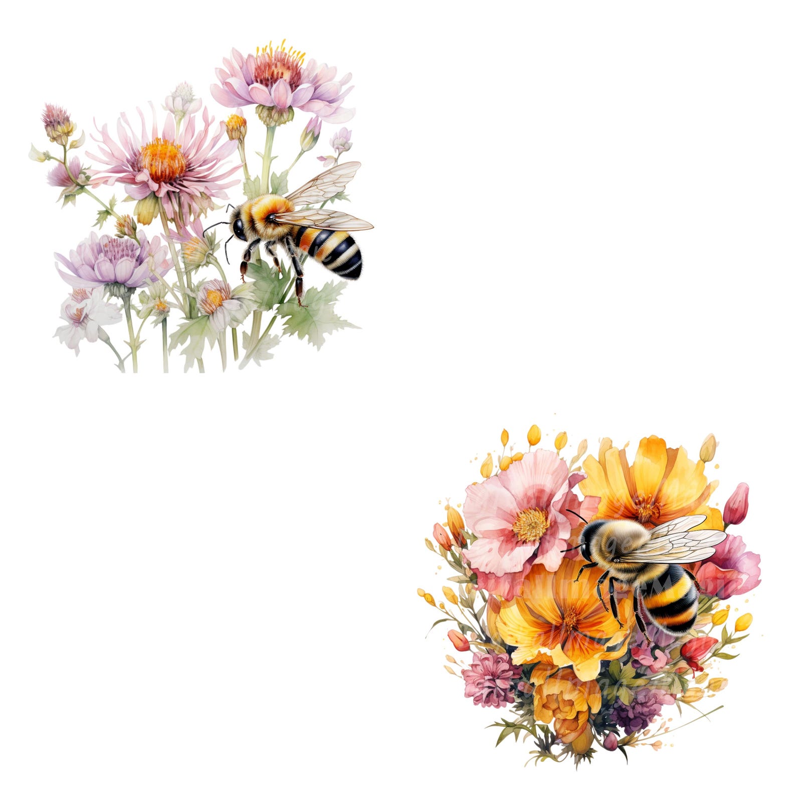 24 Bees in Flowers Clipart, Floral Bees Clipart, Printable Watercolor ...