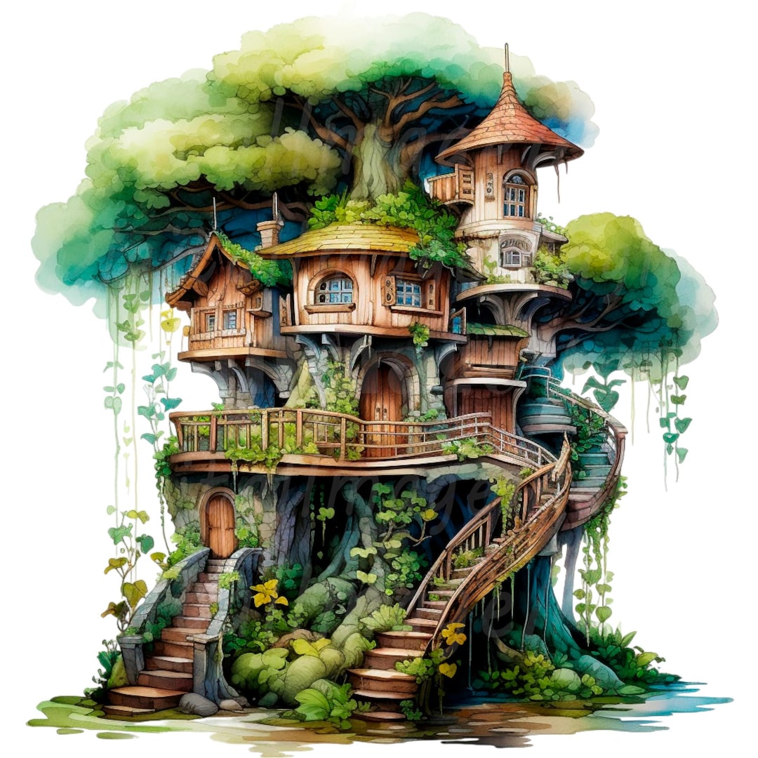 19 Tree House Clipart, Fairy Tree House, Printable Watercolor Clipart ...