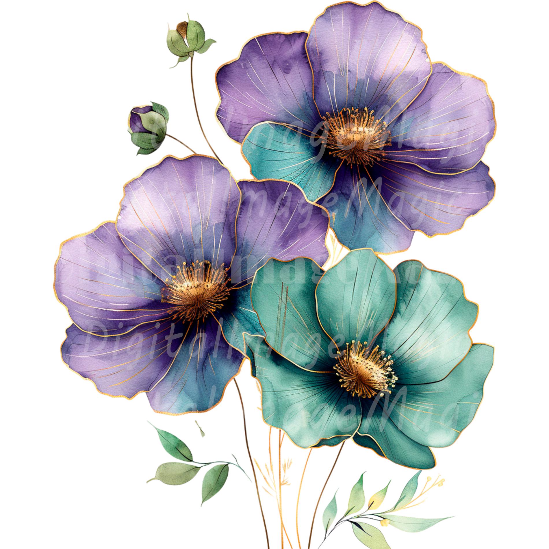 16 Abstract Flowers Clipart, Purple Flowers, Printable Watercolor ...