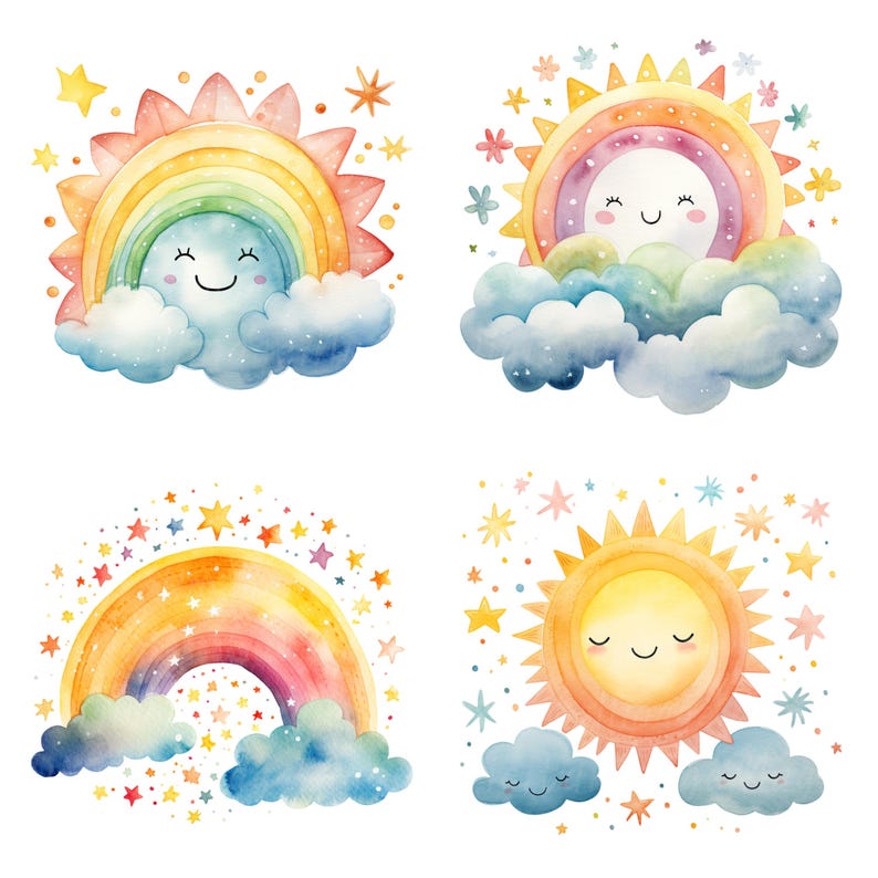 19 Sun and Rainbow Clipart, Nursery Rainbow, Printable Watercolor ...