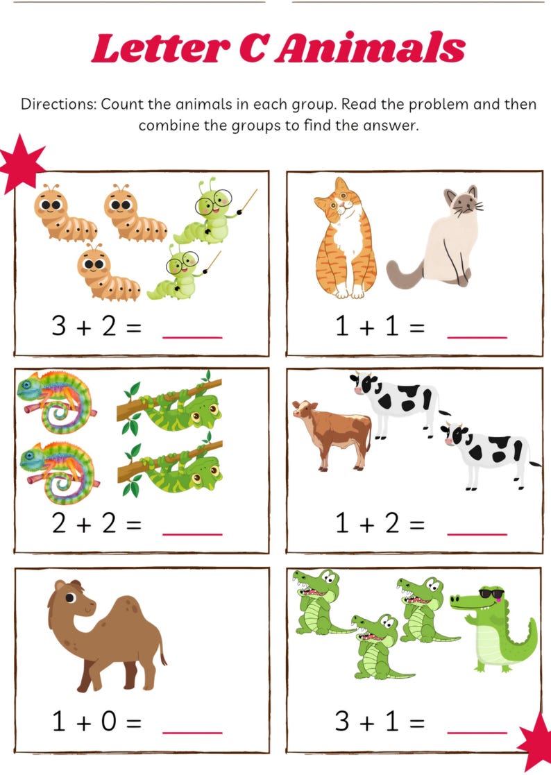 Letter C Animal Counting & Addition Worksheet - Etsy