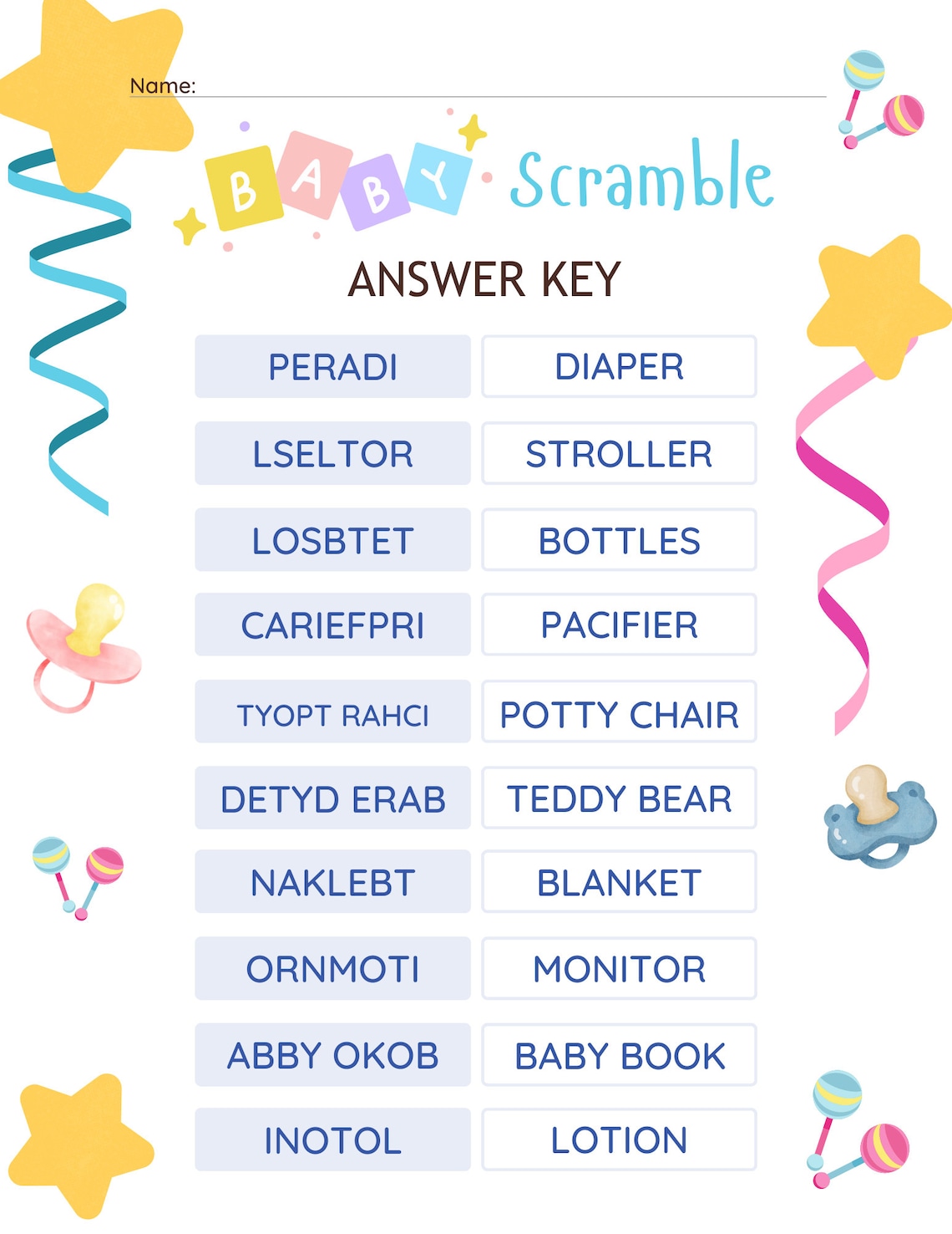 Baby Shower-printable Word Scramble Game - Etsy