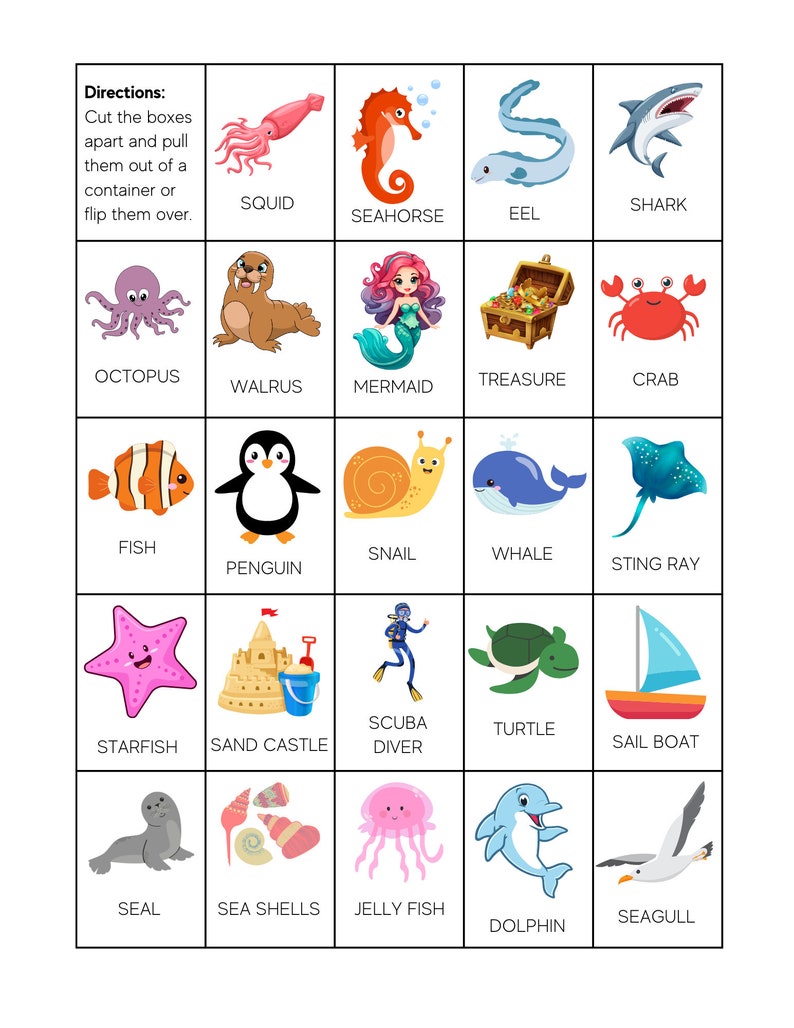 Ocean Theme Bingo Card Game - Etsy