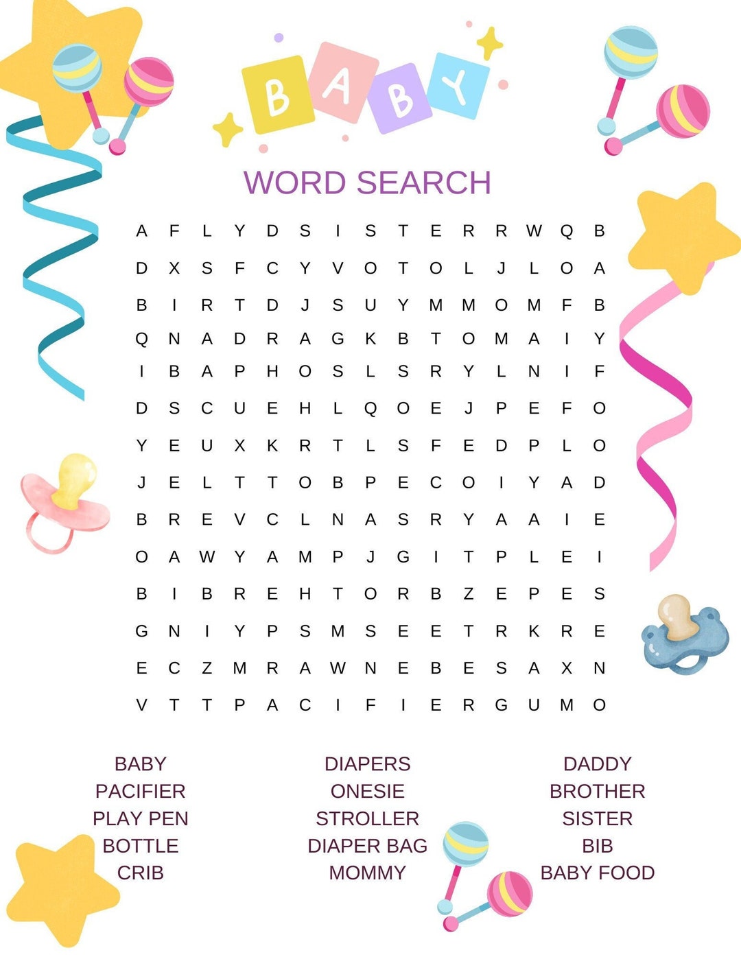 Baby Shower Word Search Printable - Etsy