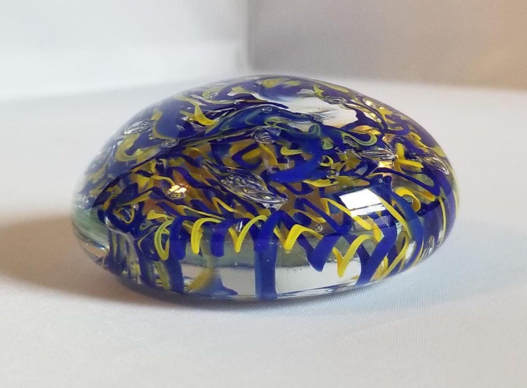 Colorful Art Glass Paperweight of Blue and Yellow Swirls With Artist ...