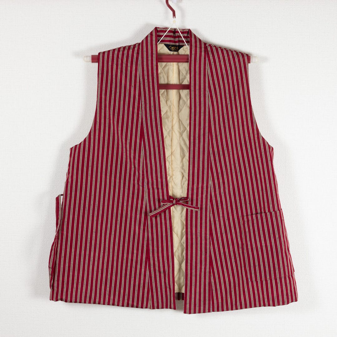 Vintage Handmade Red Hanten Jinbaori Style Padded Vest With Striped ...