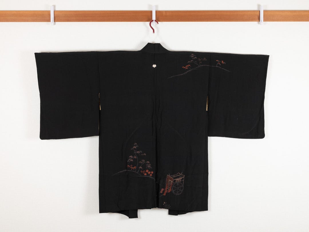 Vintage Black Formal Haori With Embroidered Wagon and Mountain-scape ...