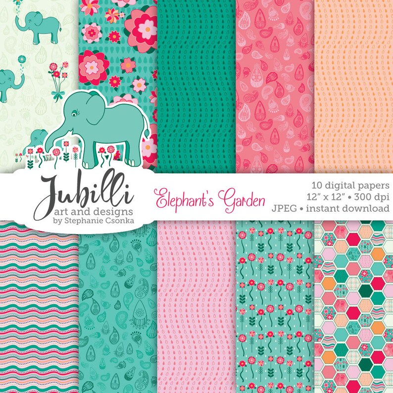 Elephant Digital Paper, 12x12 Digital Floral PNG Printables - Etsy