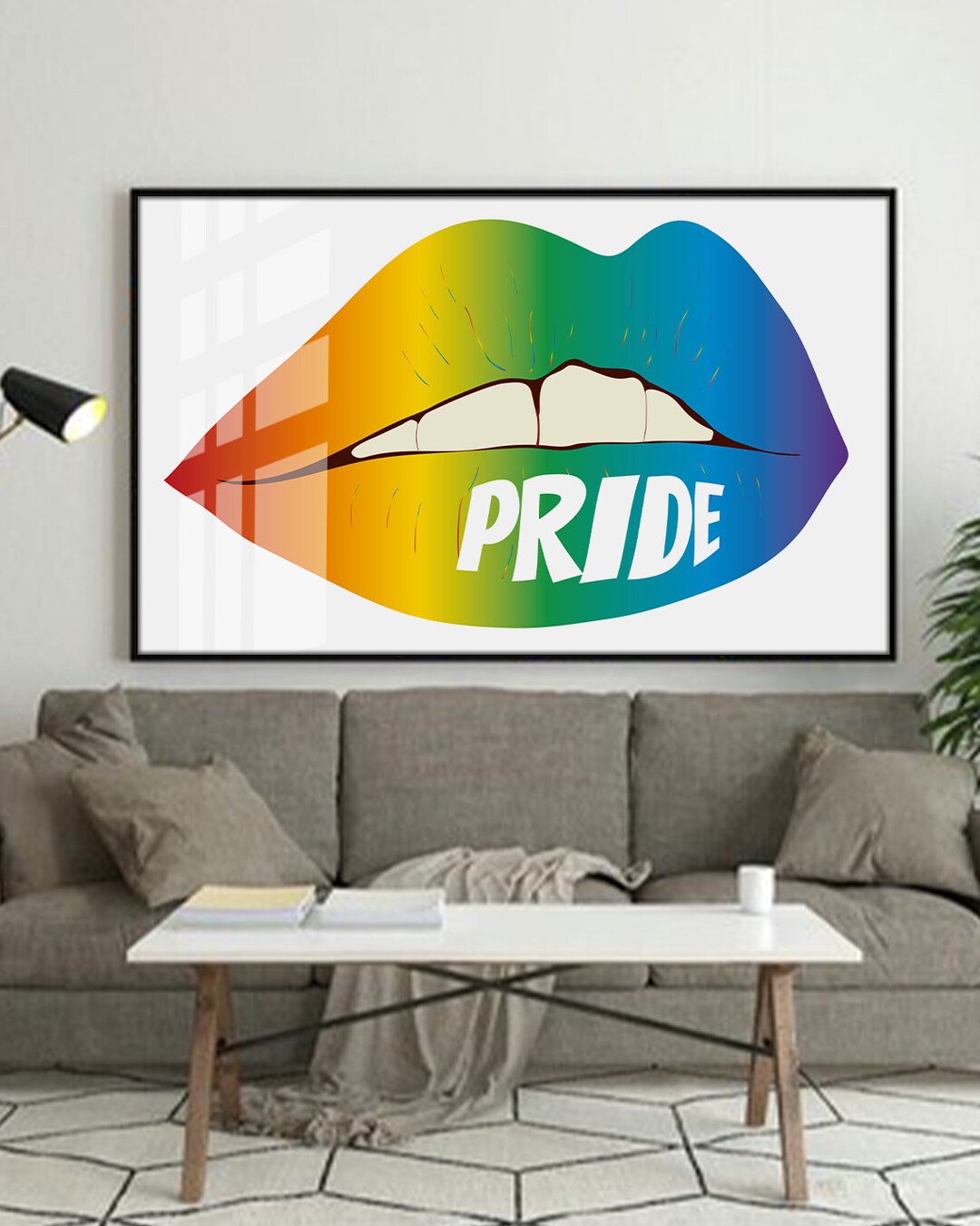 Lip Pride Wall Art ,subtle Lip Line Art PNG, Pride Home Decor, Rainbow ...