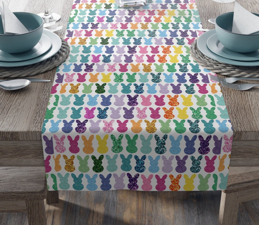 Peep BUNNIES EASTER Table Cloth. Rainbow Rabbits Table Runner. Fabric ...