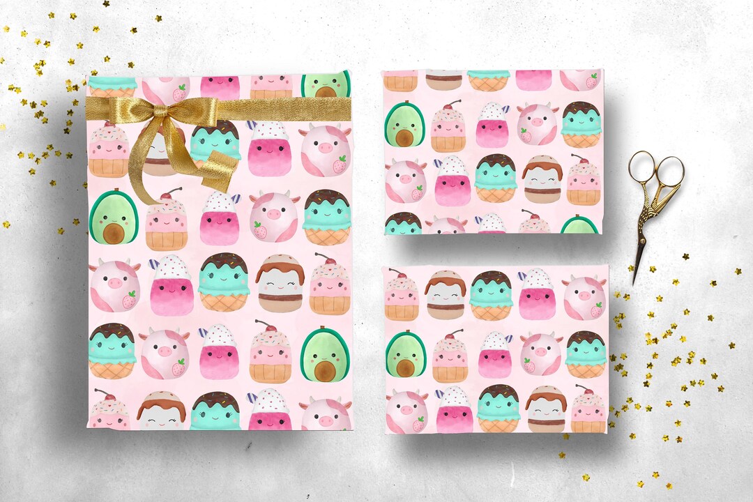 Pink Valentine Squish Stuffed Animals Wrapping Paper Sheets. Kawaii ...