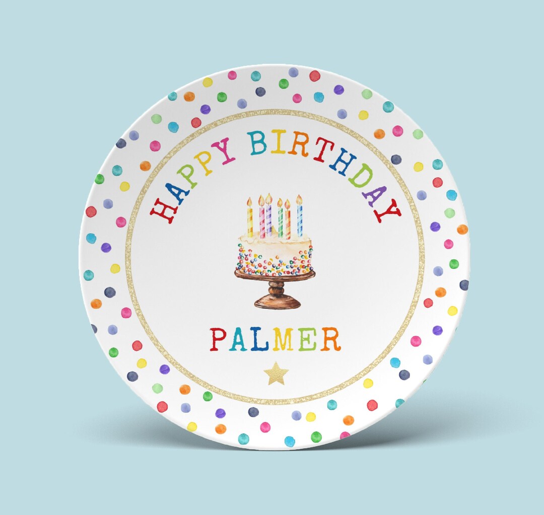 Custom Birthday Plate. Personalized W Rainbow Text, Watercolor Style ...