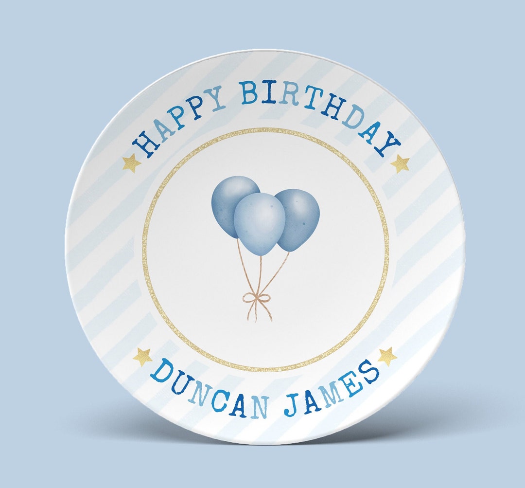 Baby Boy Happy Birthday Plate. Blue Balloons, Custom Text. Preppy ...