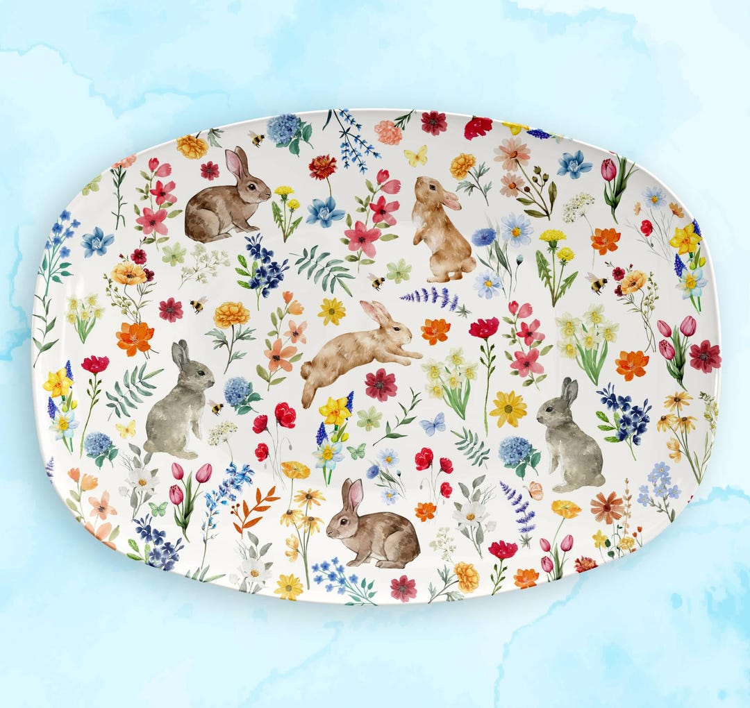 Bunnies Rabbits Wildflowers Spring Serving Platter. Easter Serving Tray ...