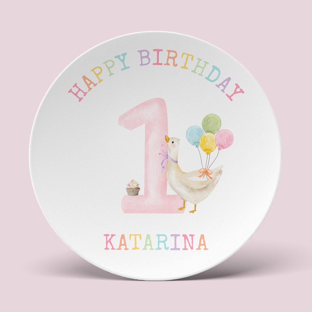 ONE Silly GOOSE Pink 1st Birthday Plate. Number 1, Pastel Balloons ...