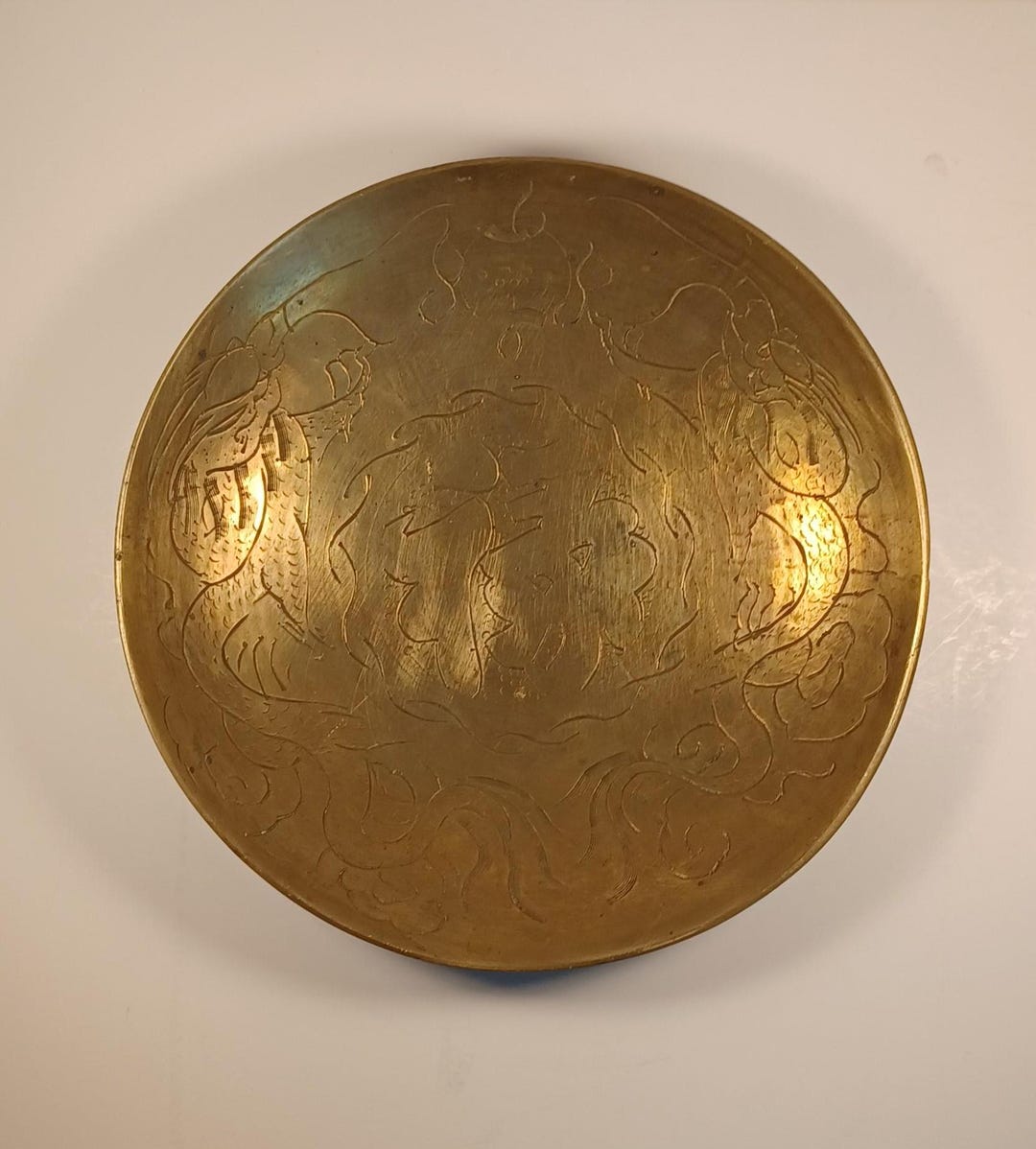 Chinese Brass Shallow Bowl – Engraved Design Featuring Two Dragons ...