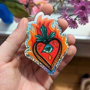 Flaming Sacred Heart Shiny Glitter Vinyl Sticker - Etsy