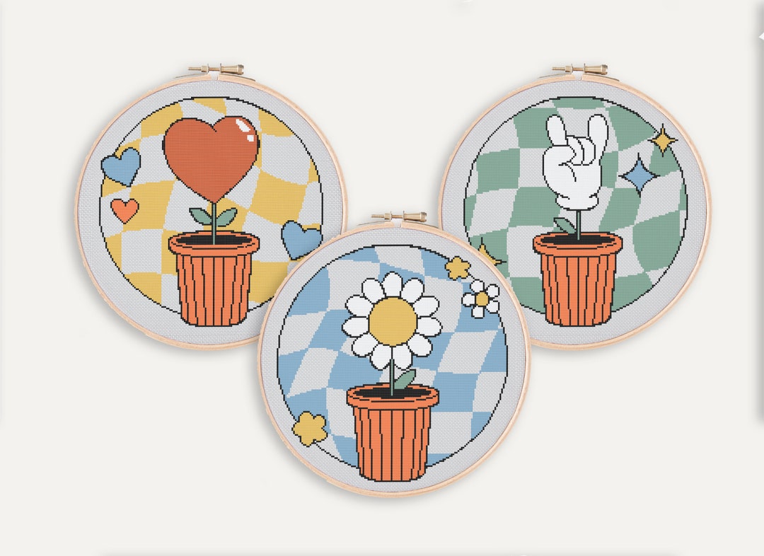 SET OF 3 Groovy Cross Stitch Pattern Modern Cross Stitch Flower Power ...