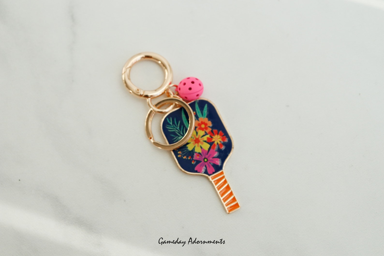 Dangling Pickleball & Paddle Enamel Keychain, Wild Flower Pattern, Pink ...