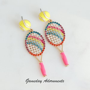 Crystal Paved Rainbow Net Tennis Racket, Ball Enamel Earrings, Dangling ...