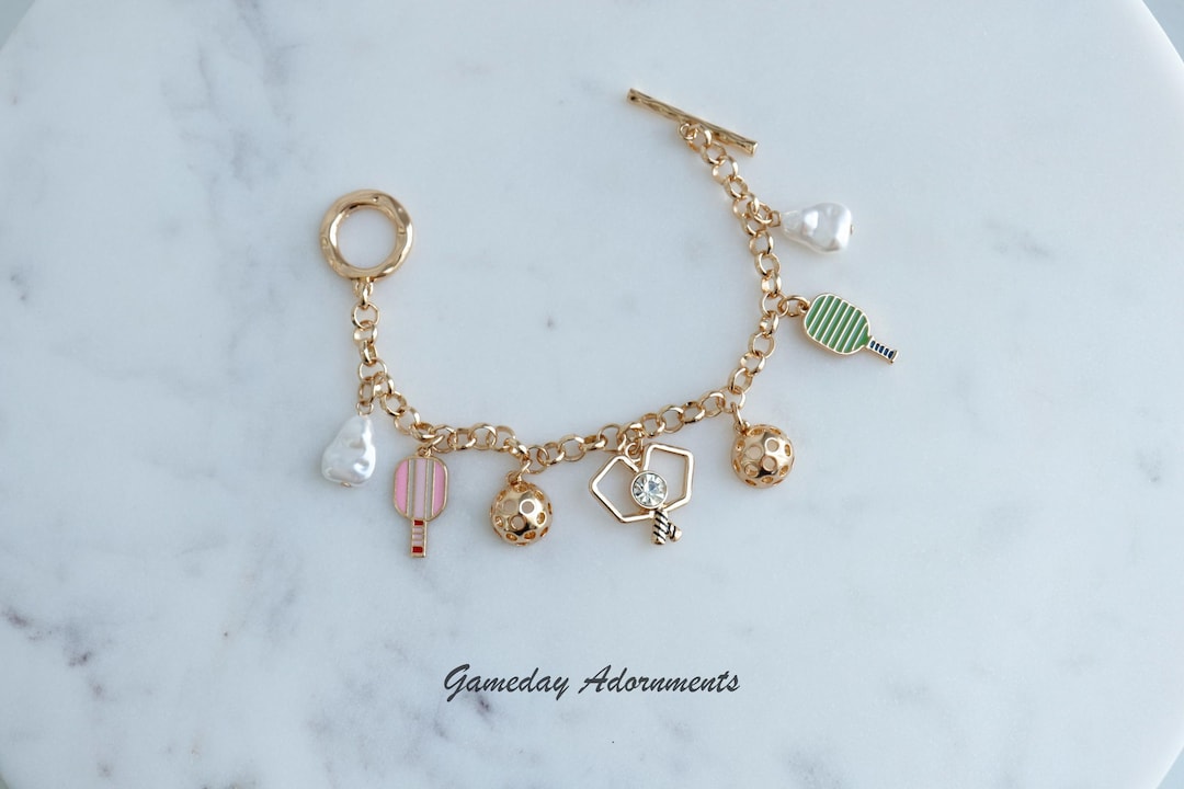 Pickleball Charmed Brass Chain Link Bracelet. Toggle, Dainty Charms ...