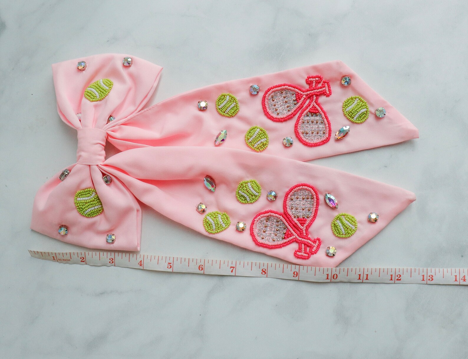 Tennis Flair Seed Bead Patched Bright Pink Ribbon Bow Clip, Tennis ...