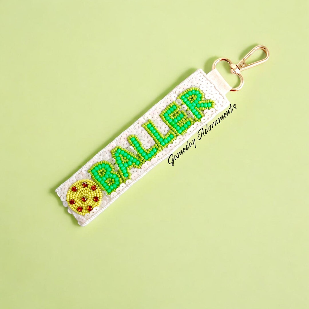 Beaded White Green Pickle Ball Long 6.75" Keychain, Pickleball Flair ...